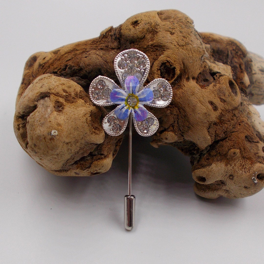 Hand Painted Forget-me-not Pin: Crystal Diamante Flower Lapel Brooch ...