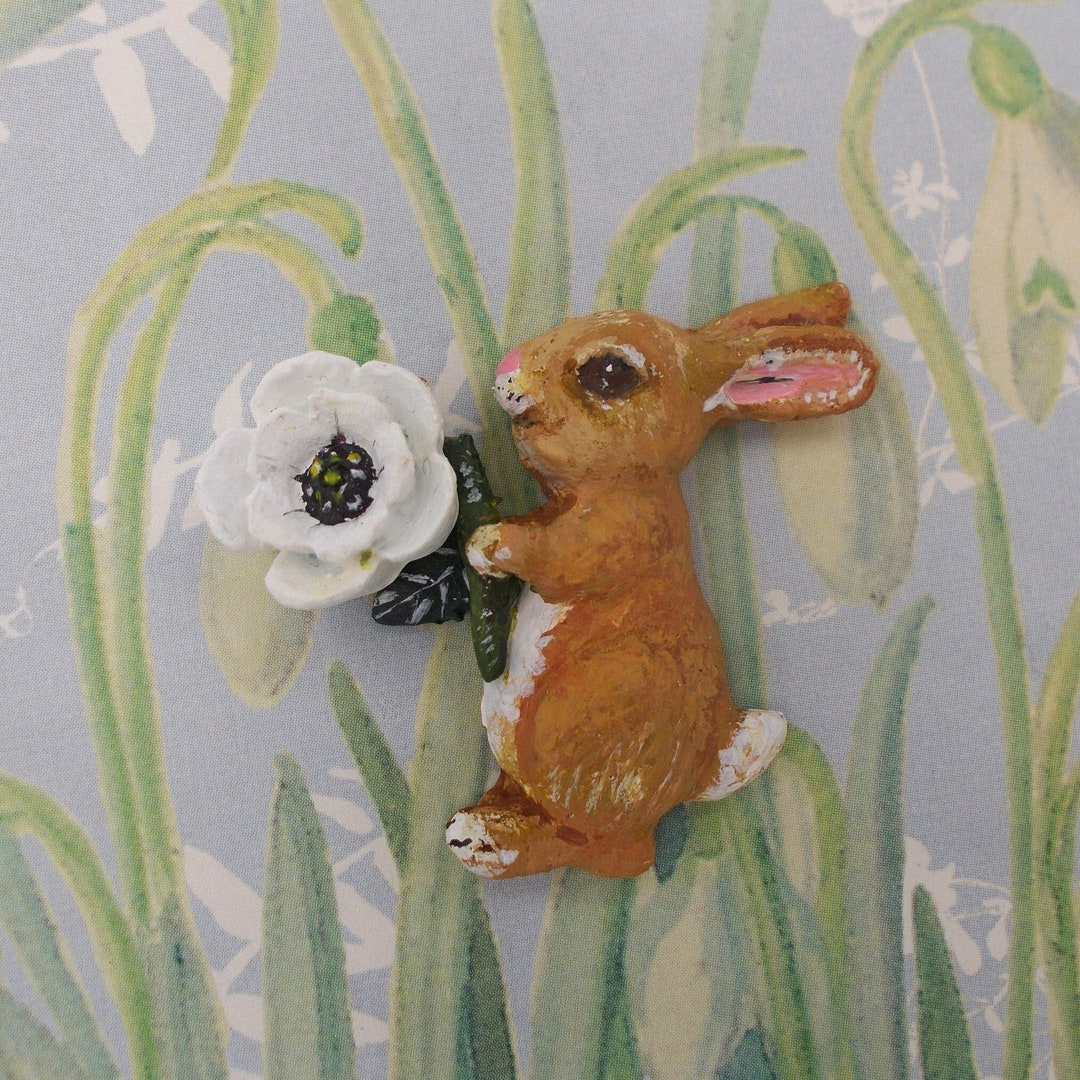 Hand Painted Rabbit Brooch: Handmade Peace Poppy-flower Pin, White ...