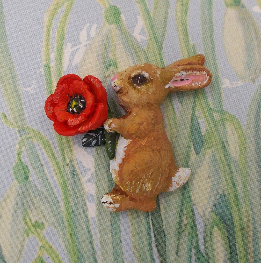 Hand Painted Rabbit Brooch: Red Poppy Flower Pin, Friendship Gift - Etsy