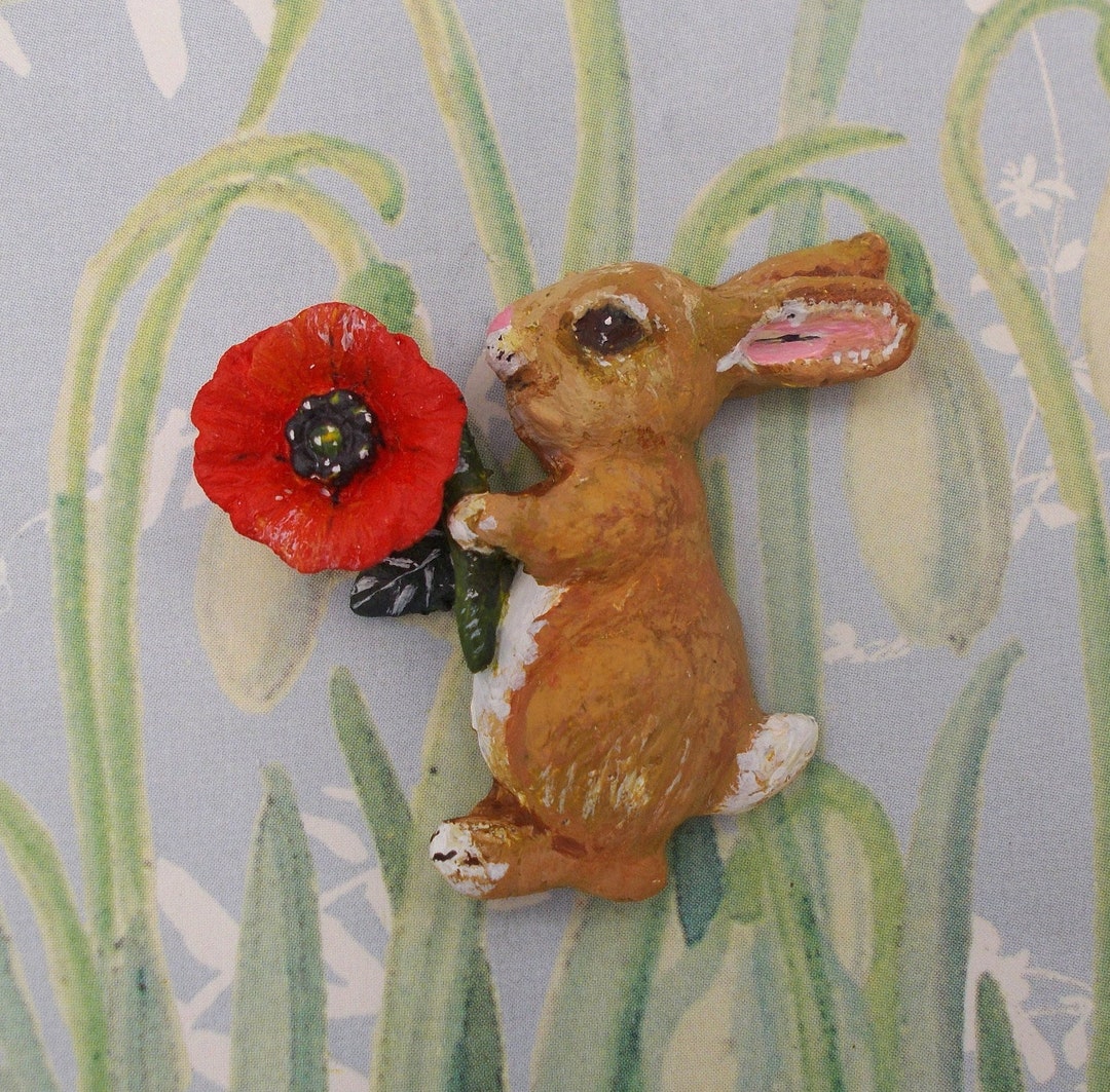 Red PAPAVER & RABBIT BROOCH Poppy Pin Rabbit Pin Red Wedding Corsage ...