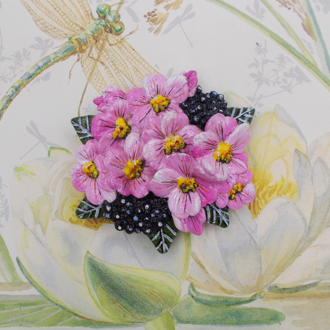 Handmade Blackberry & Pink Flower Brooch: Hand-painted Corsage - Etsy