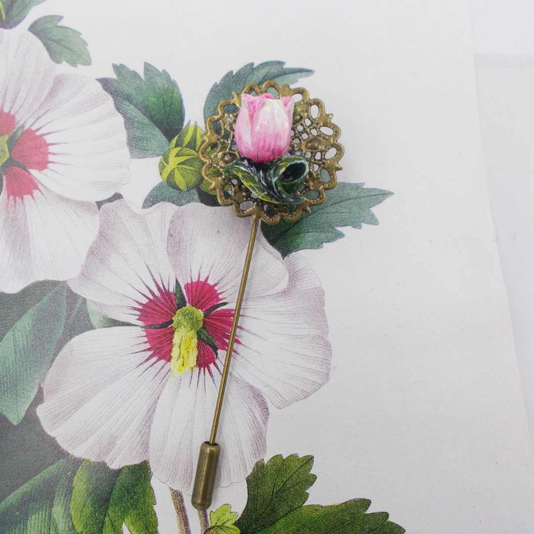 Small PINK TULIP PIN on Bronze Tone Filigree Flower Spring Wedding ...