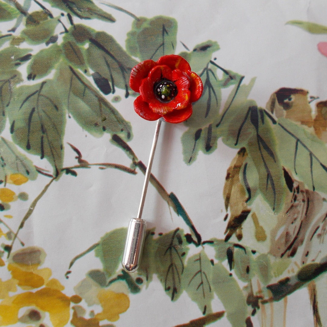 Hand-painted Papaver Pin: Tiny Red Poppy Floral Corsage, Silver Plated ...