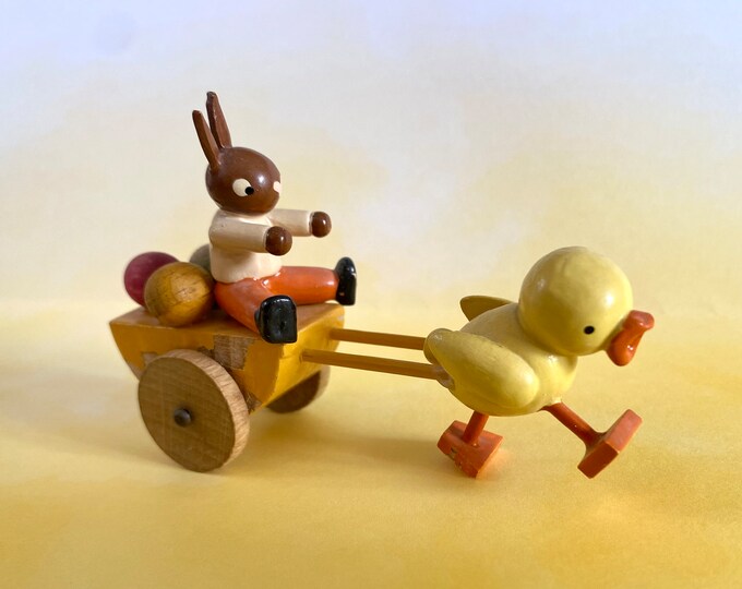 Vintage Wendt Kuhn Wood Doll Bunny on Cart of Easter Eggs Led by Chick ...