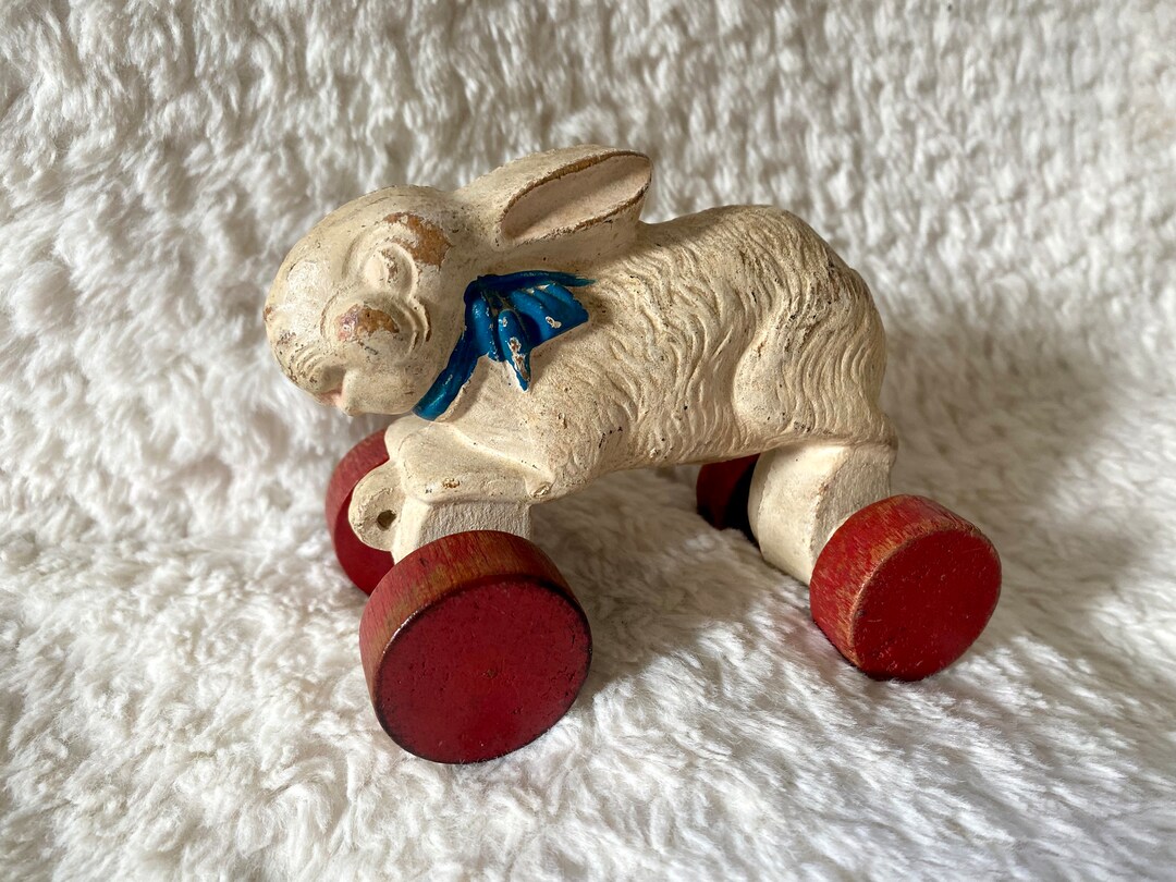 Early Vintage Painted Wood Bunny Rabbit Pull Toy on Little Red Wooden ...