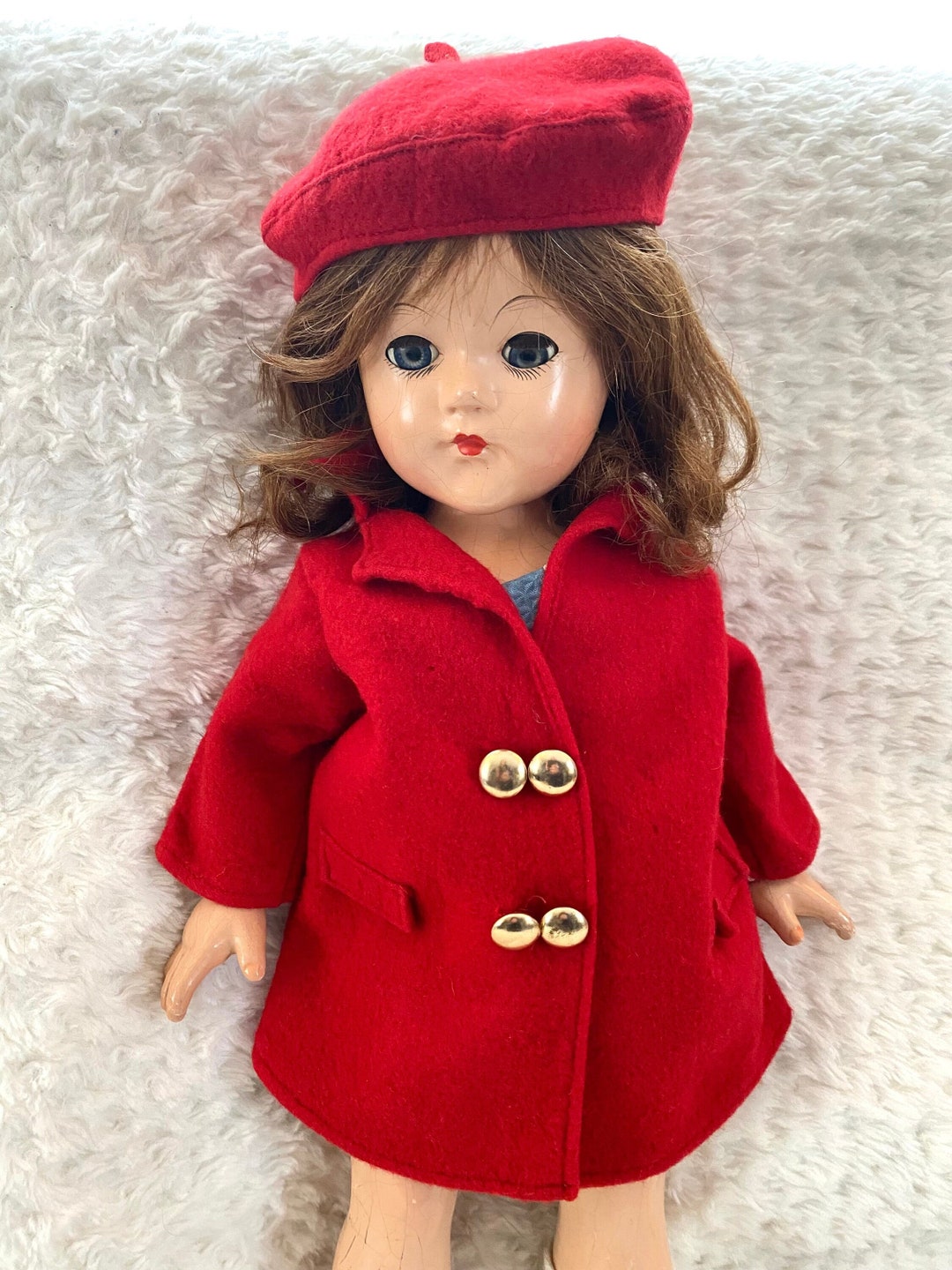Vintage 1940's Red Felt Doll Coat and Matching Tam Hat for Your 17"- 18 ...