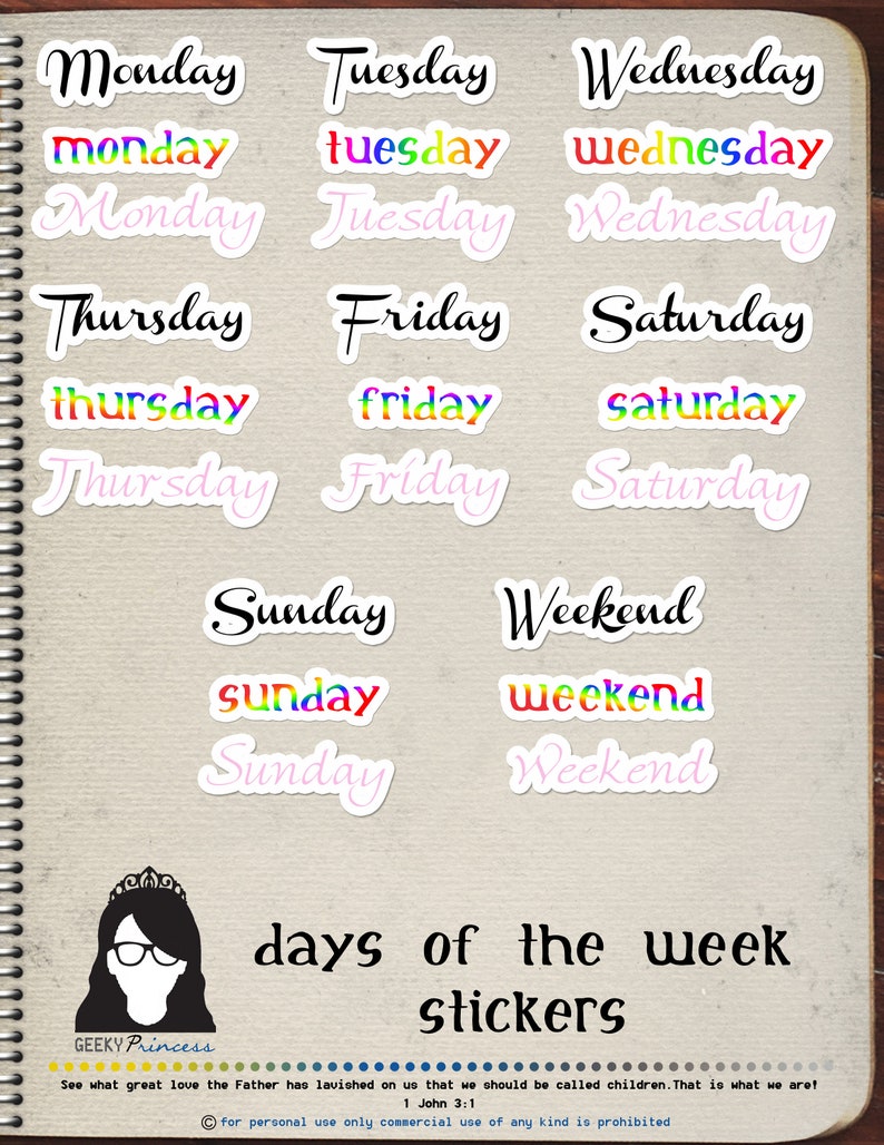 Days of the Week Stickers | PNG | PDF | Digital Planner Stickers ...