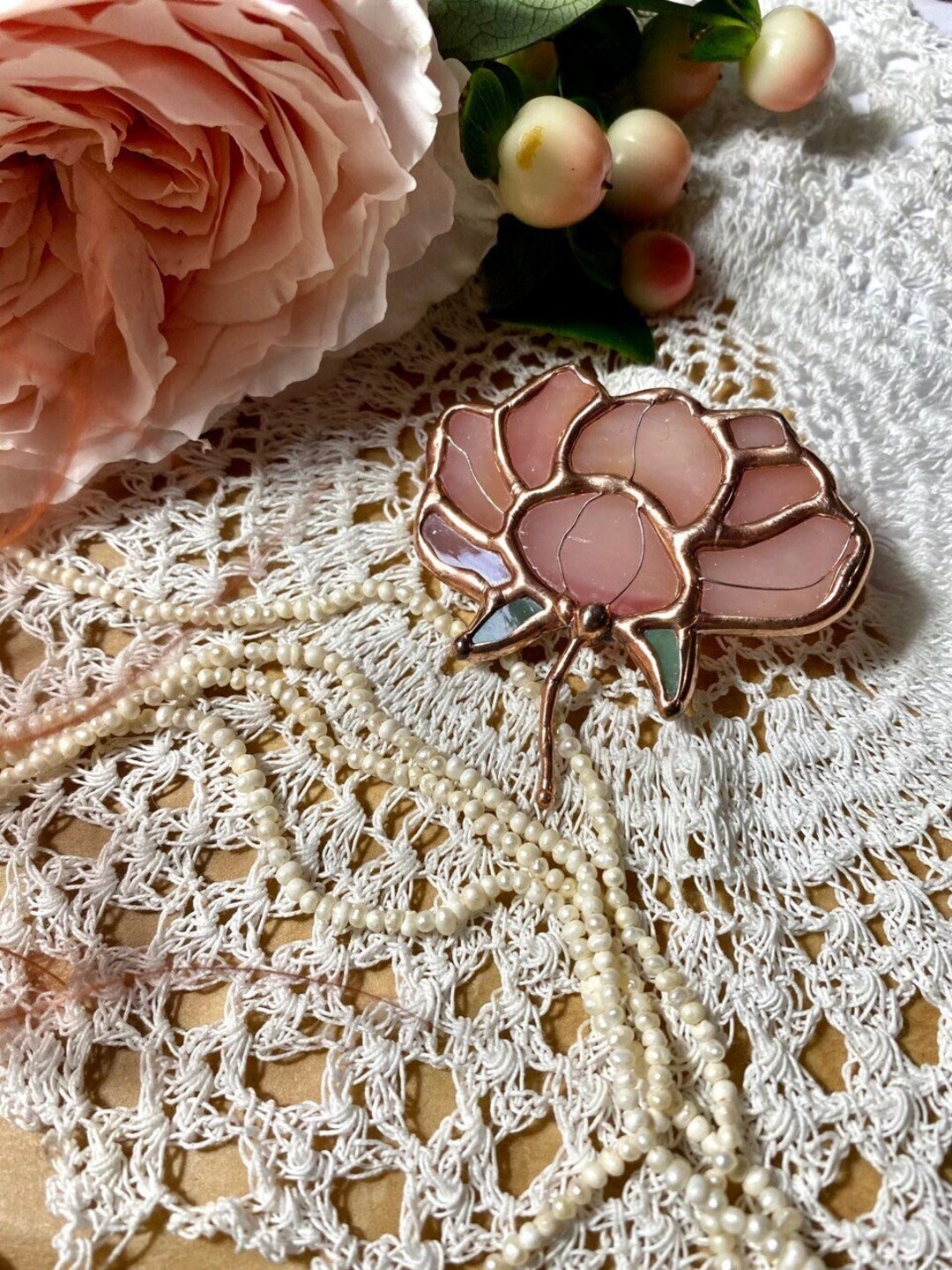 Pion Stained Glass Brooch Gift Mother's Day Pink Flower Pin Handmade ...