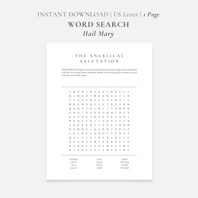 Hail Mary Prayer Angelical Salutation Catholic Word Search, Printable ...