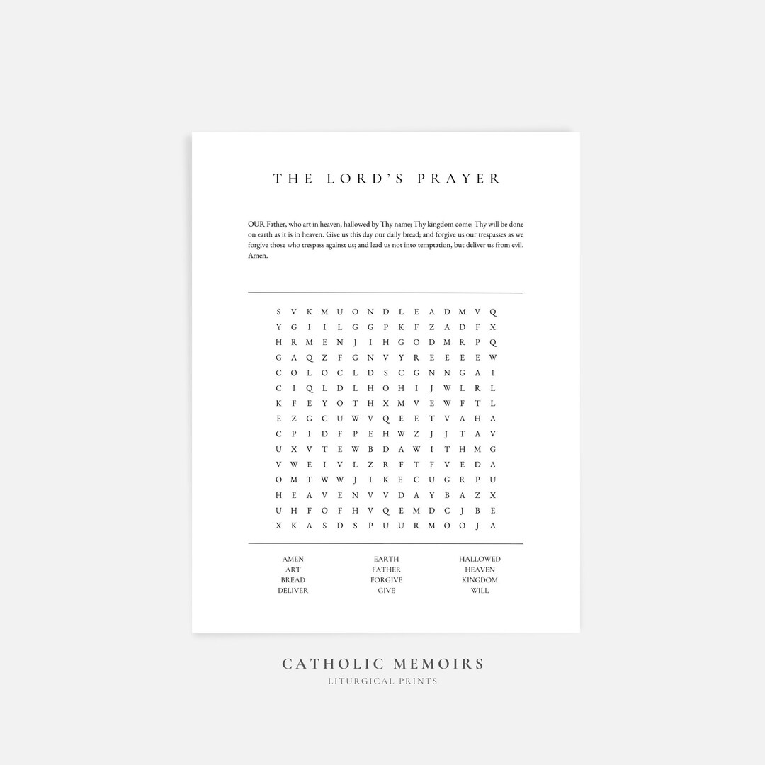 Our Father the Lord's Prayer Word Search, Printable Instant Download ...