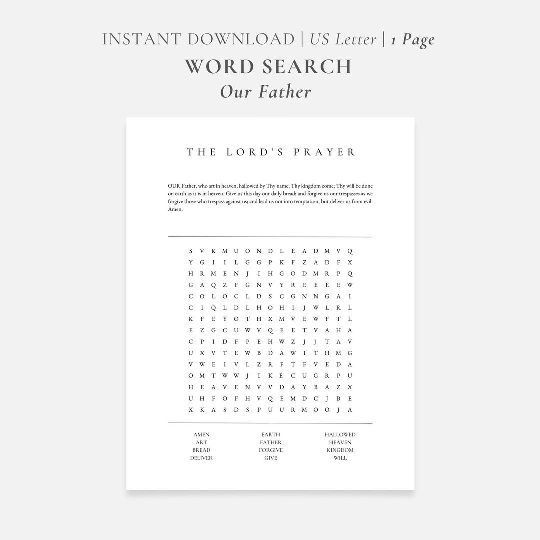 Our Father the Lord's Prayer Catholic Word Search, Printable Instant ...