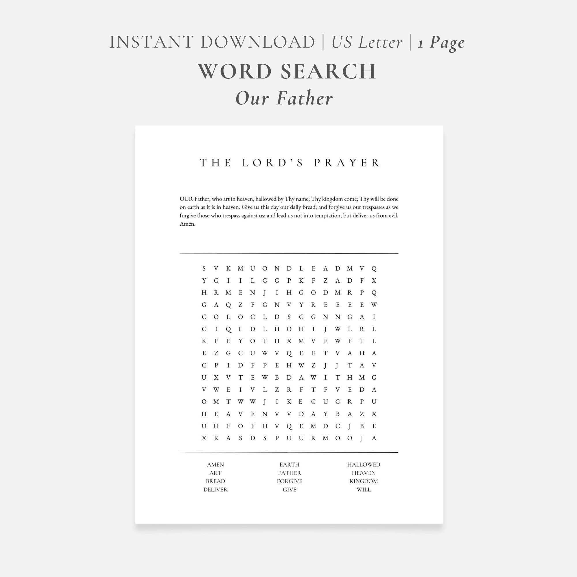 Our Father the Lord's Prayer Catholic Word Search, Printable Instant ...