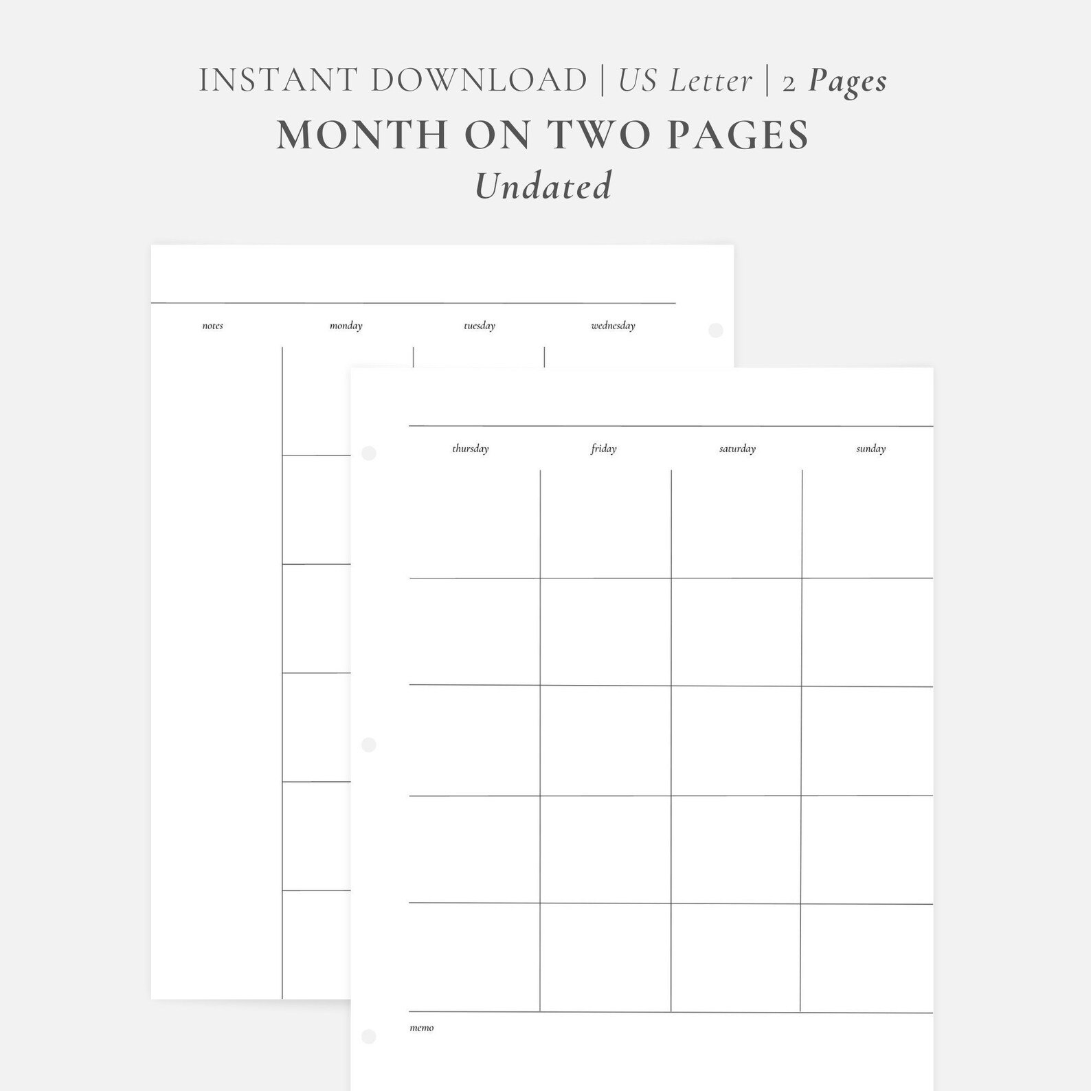 Undated Monthly Printable Planner Inserts, Letter Size, Instant ...