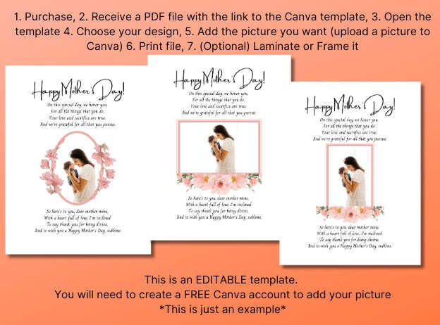 Editable Canva Template|printable Mother's Day Picture Frame Gift- 3 ...