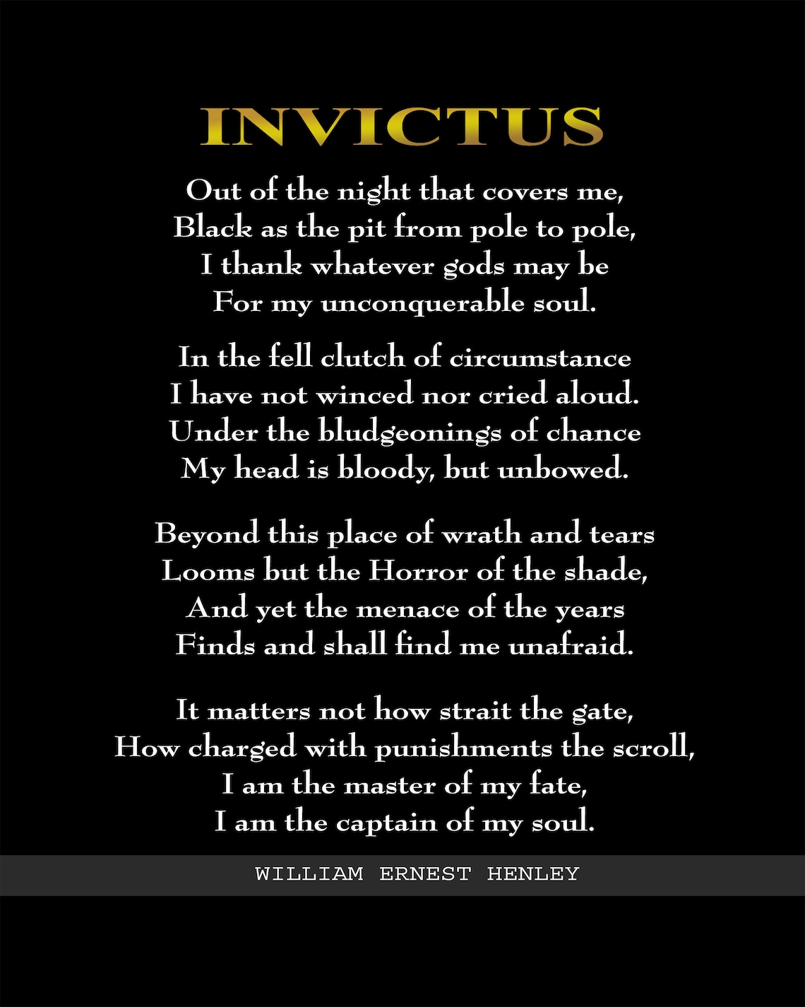 Invictus Poem by William Ernest Henley Inspirational | Etsy