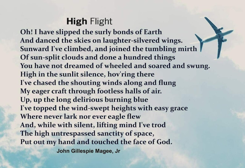 High Flight Poem by John Gillespie Magee Jr Poster Print | Etsy High Flight Poem by John Gillespie Magee Jr Poster Print | Etsy