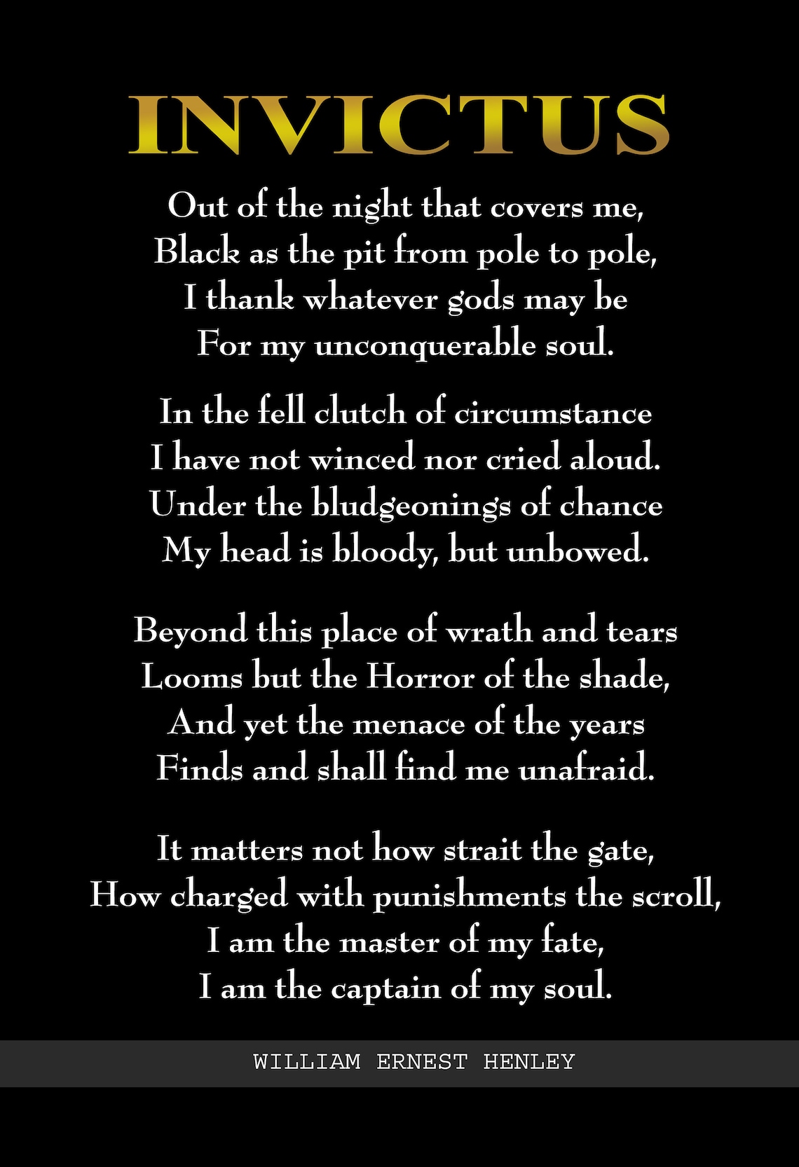 Invictus Poem by William Ernest Henley Inspirational | Etsy