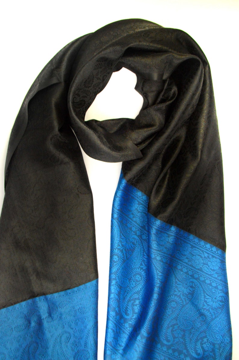 Fringe Scarf,black & Blue Silk Scarf,silk Wrap,silk Stole,self ...