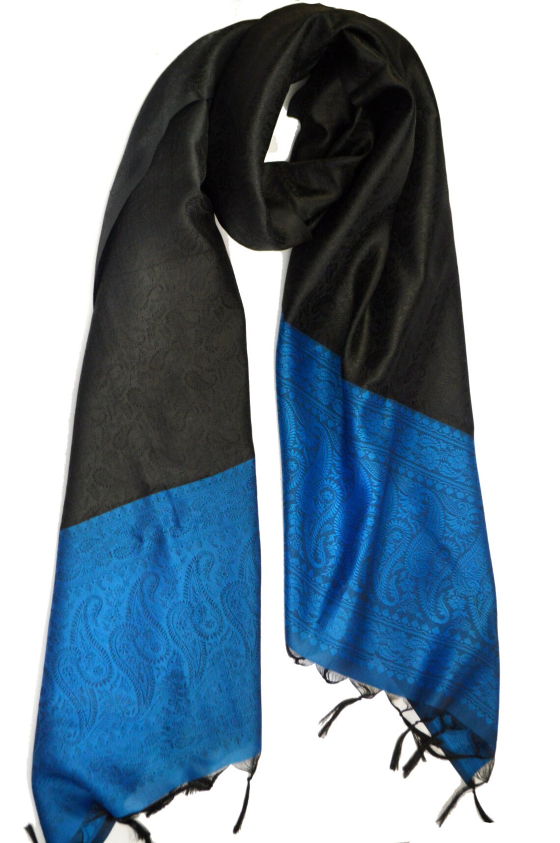 Fringe Scarf,black & Blue Silk Scarf,silk Wrap,silk Stole,self ...