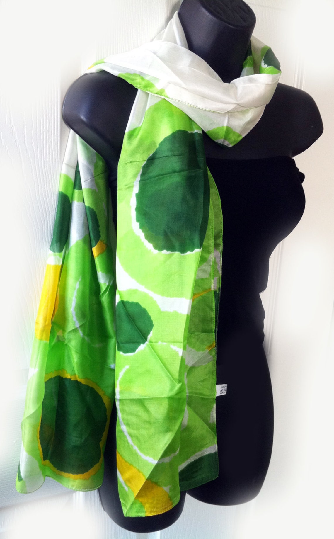 Silk Scarf,green,yellow & White Wrap,100% Silk,modern Scarf,head Scarf ...