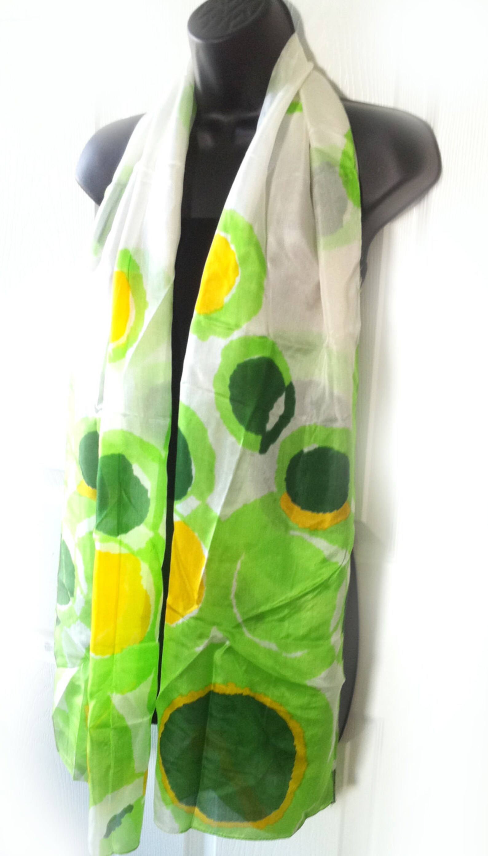 Silk Scarf,green,yellow & White Wrap,100% Silk,modern Scarf,head Scarf ...