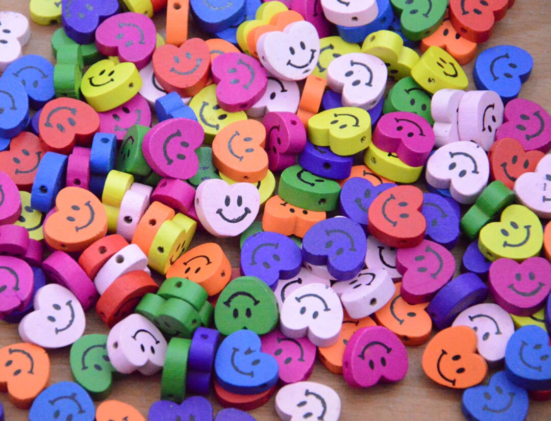 50 Assorted Wood Smiling Face Bead Supply. Painted Wood Face Beads ...