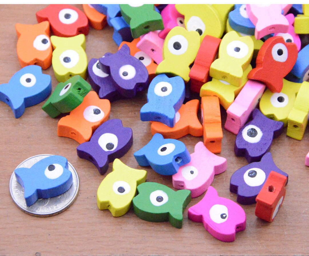 50pcs Fish Charm,painted Wood Beads,colorful Fish Eye Beads,lovely Wood ...