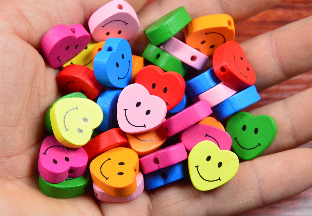 Smiley Face Wooden Bead,50pcs Smiley Wooden Beads,wooden Heart Beads ...