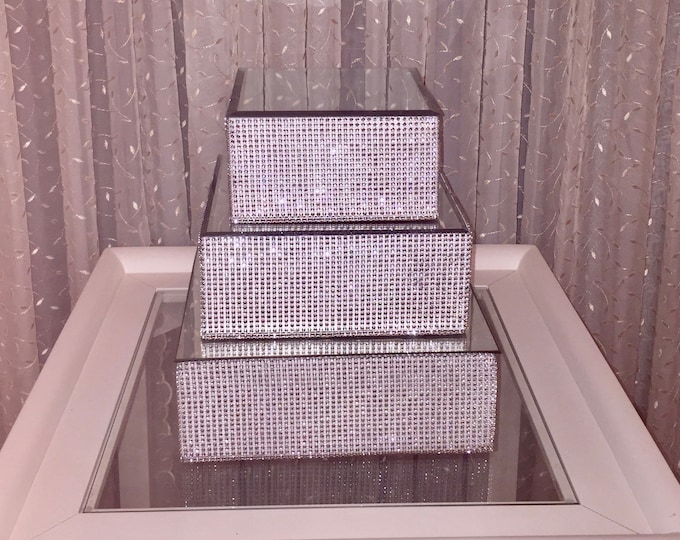 MIRRORED CAKE STAND Silver Round or Square Display 15 Rhinestone Colors ...