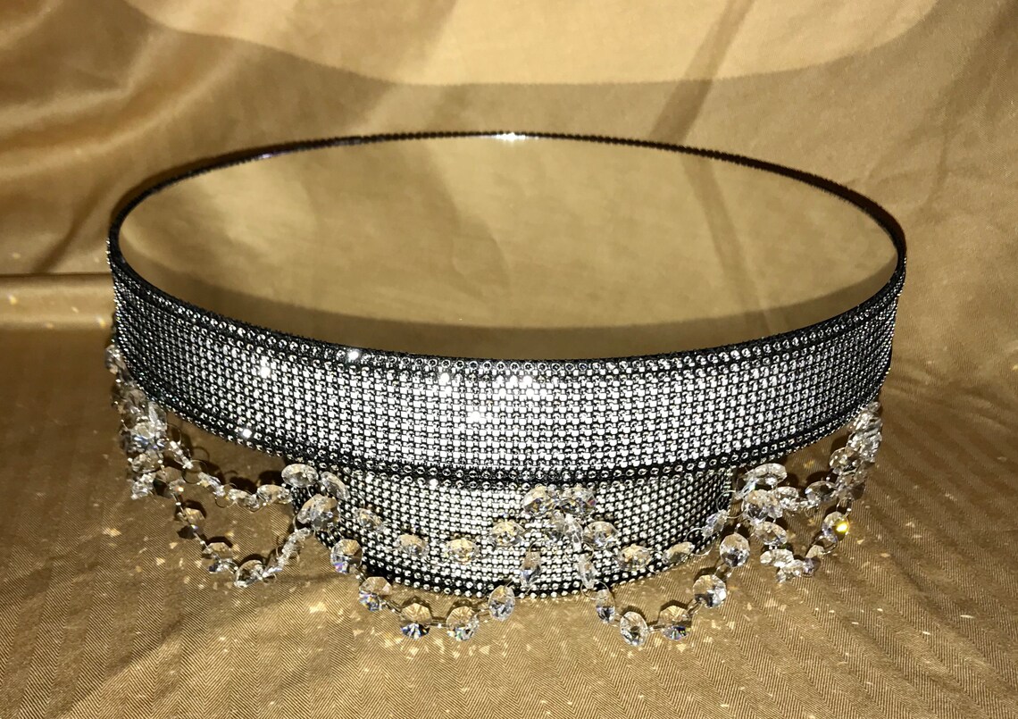 CRYSTAL CAKE STAND Round Featuring Glass Mirror and 20 Rhinestone ...