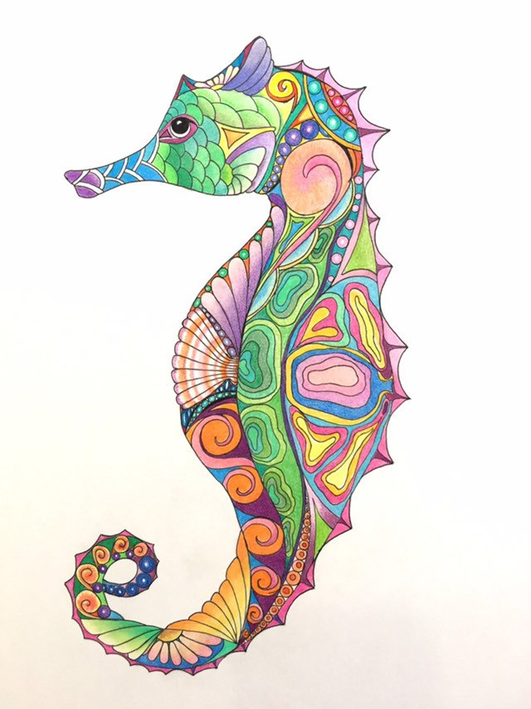 Seahorse Zentangle:9x12 in Seahorse Marine Art Ocean Art Seahorse Art ...