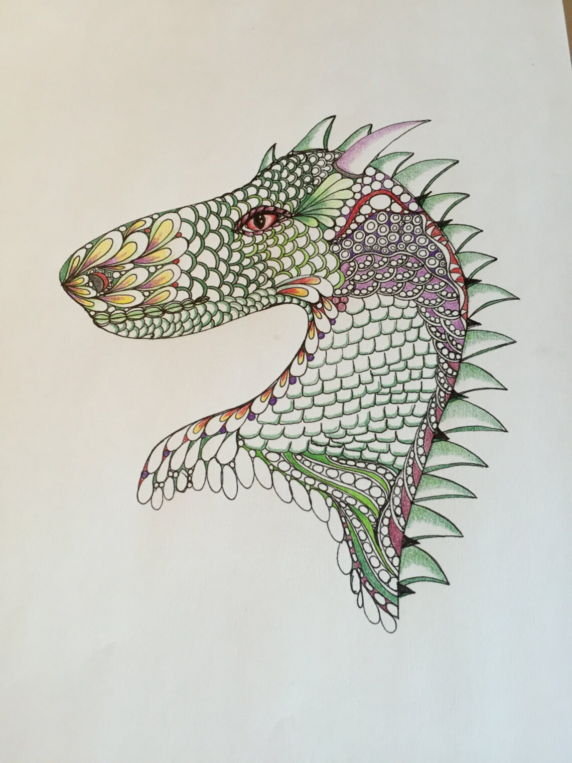 Zentangle Dragon, Dragon Drawing, Dragon Art, Wall Art, Colored Dragon ...