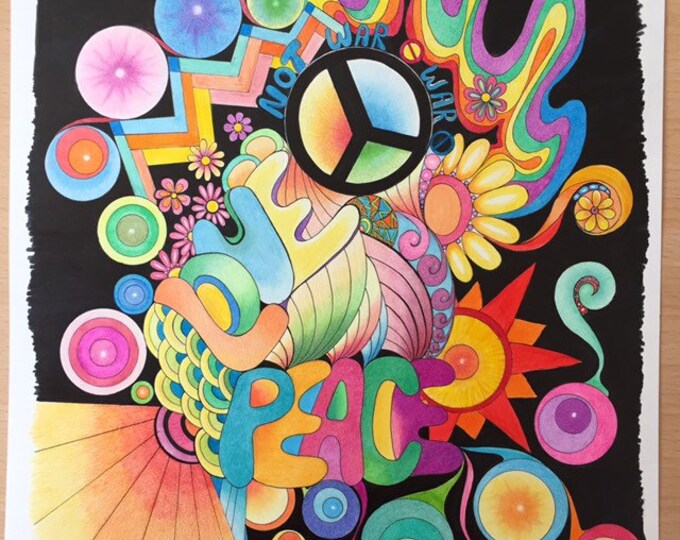 Retro 1960 Drawing Love an Peace Drawing Iconic 60’s Art 1960 Drawing ...
