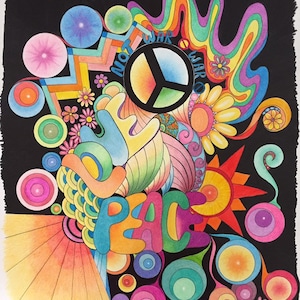 Retro 1960 Drawing Love an Peace Drawing Iconic 60’s Art 1960 Drawing ...