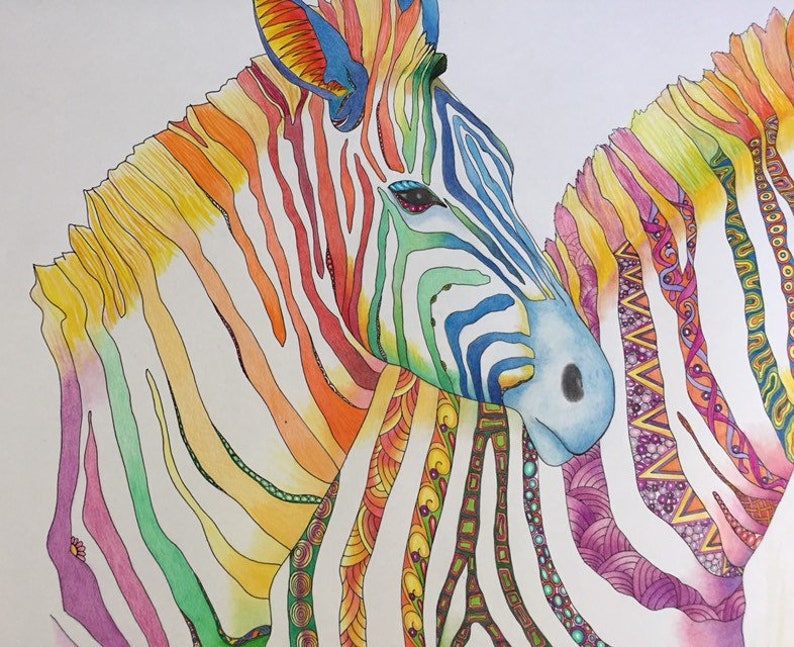 Zebra Pair Zebras Zentangle Zebras Colored Zebras Zebra Art - Etsy