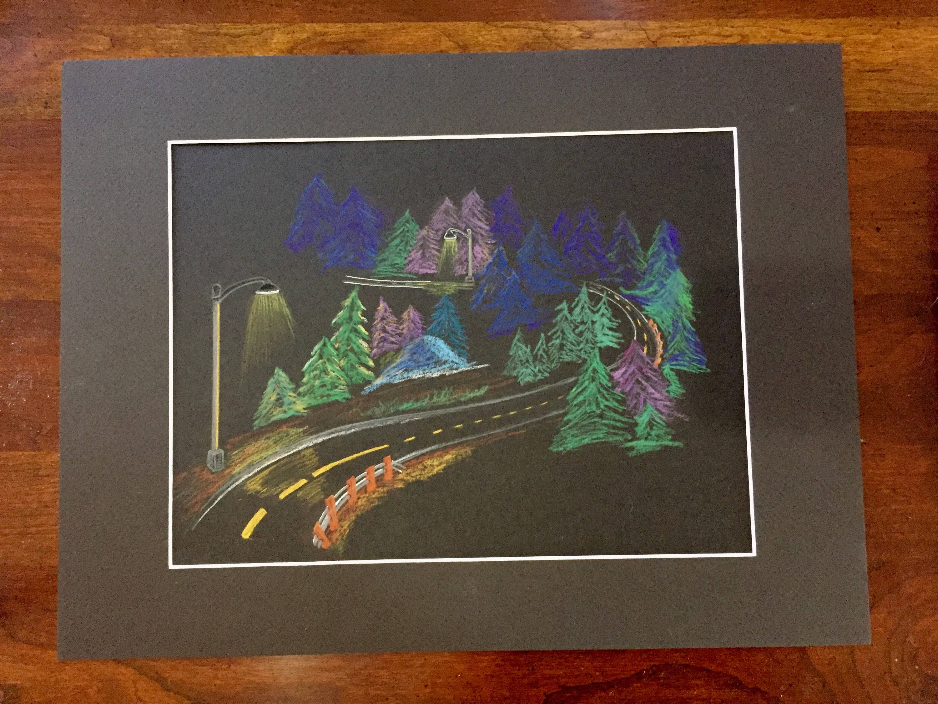 Night Pass, Night Road Art, Pastel Art, Black Paper Art, Mountain Art ...