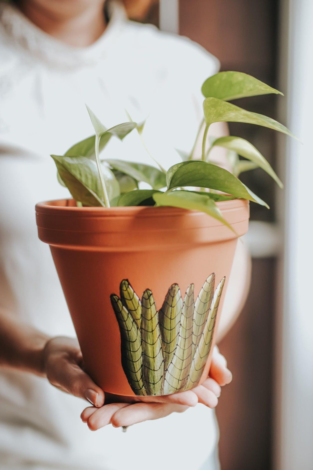 Terra Cotta Handpainted Flower Pot Green Plant Design - Etsy