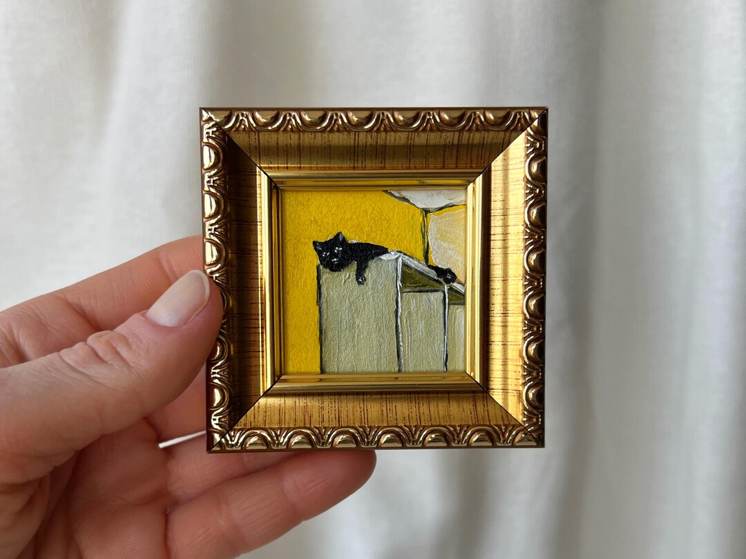 Mini Painting Black Cat Sleeping 2x2 – Framed Original Miniature ...