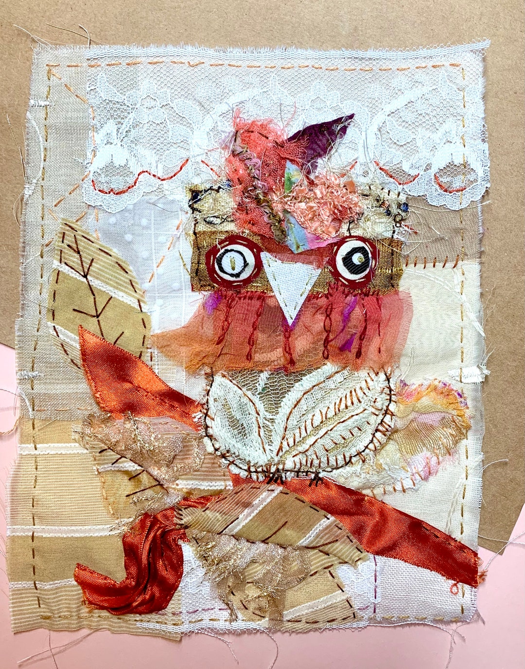 Original Hand Stitched Fiber Art Whimsical Owl, Home Decor, Gift for ...