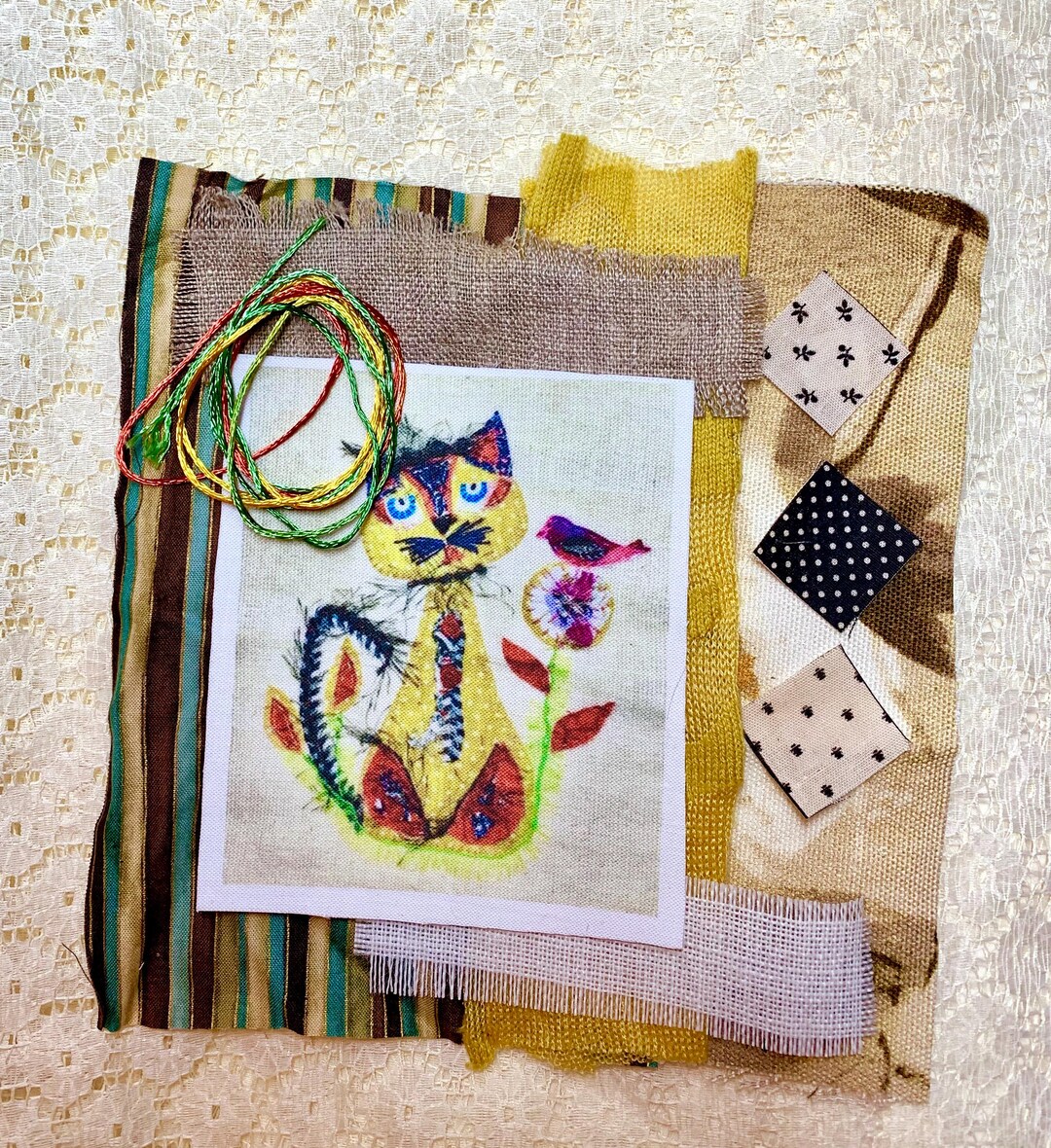 Slow Stitching Collage Kit | Kitty Love | Mindful Sewing—diy Stitchery ...