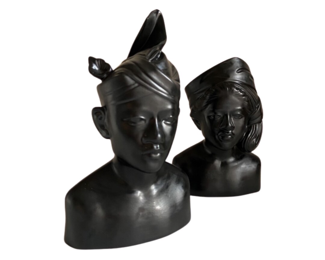 Pair of Balinese Matte Black Ceramic Busts, South East Asian Male and ...