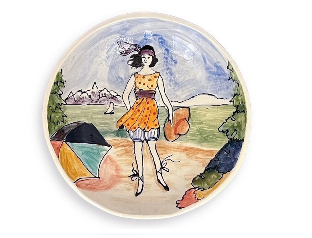Handmade Art Pottery Bowl: 1920s Lady at the Beach, Signed Rita - Etsy
