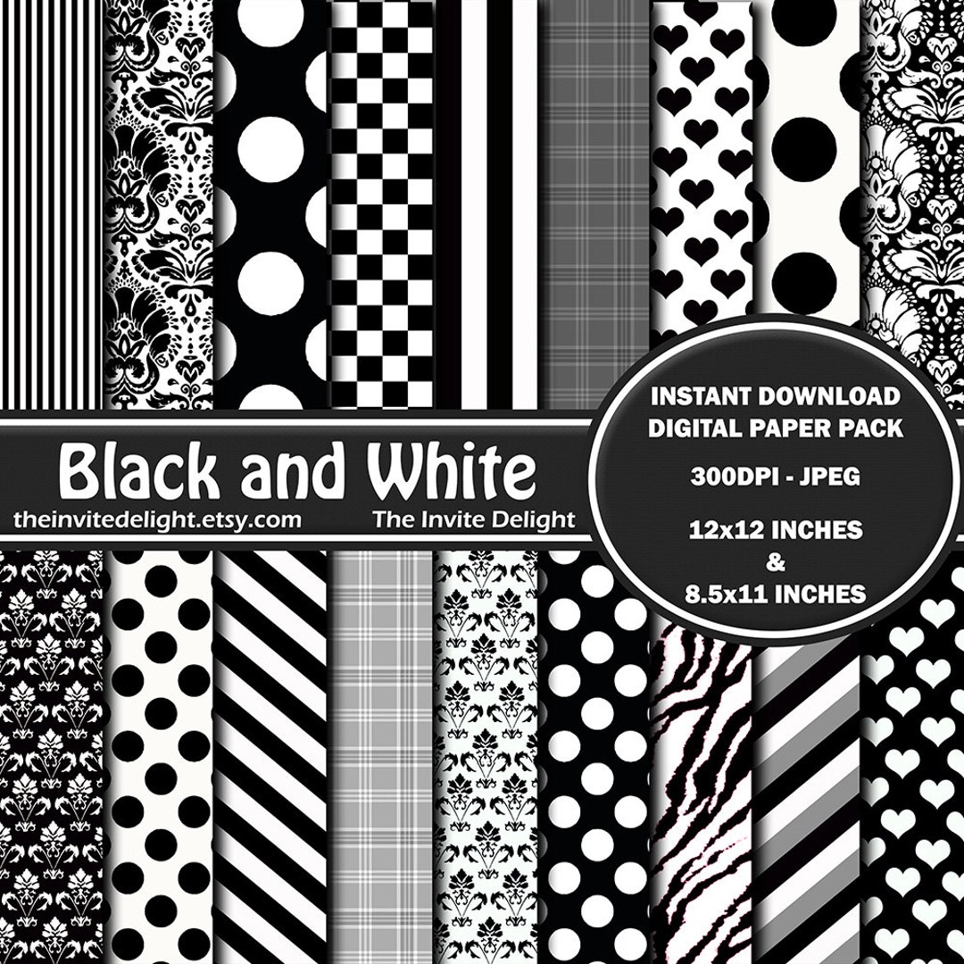 Black and White Digital Paper Pack, , Black and White Damask, Polka ...