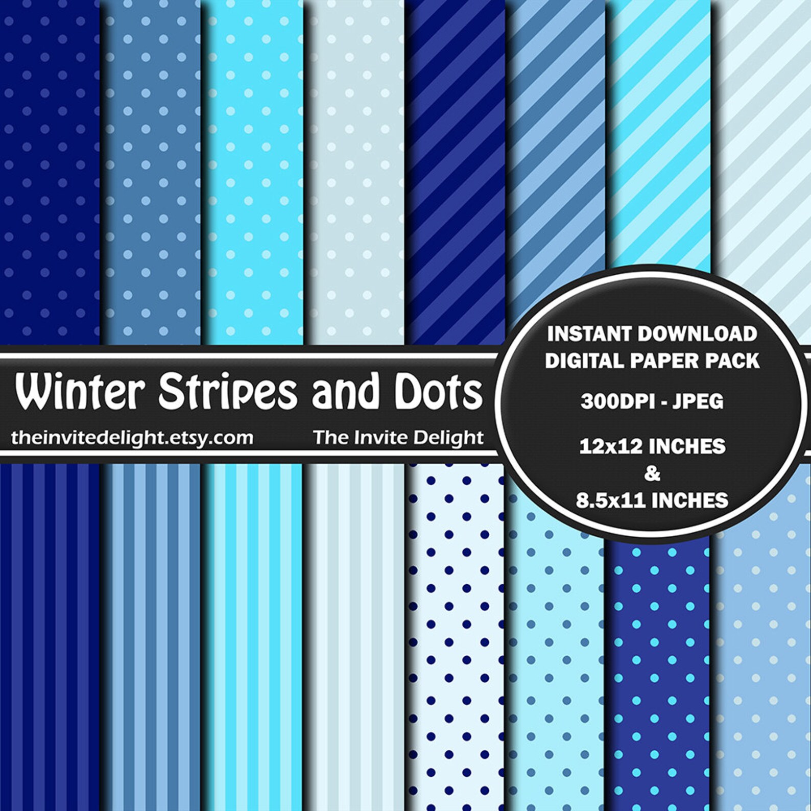 Winter Stripes and Dots Digital Paper Pack, Blue Polka Dots, Blue ...