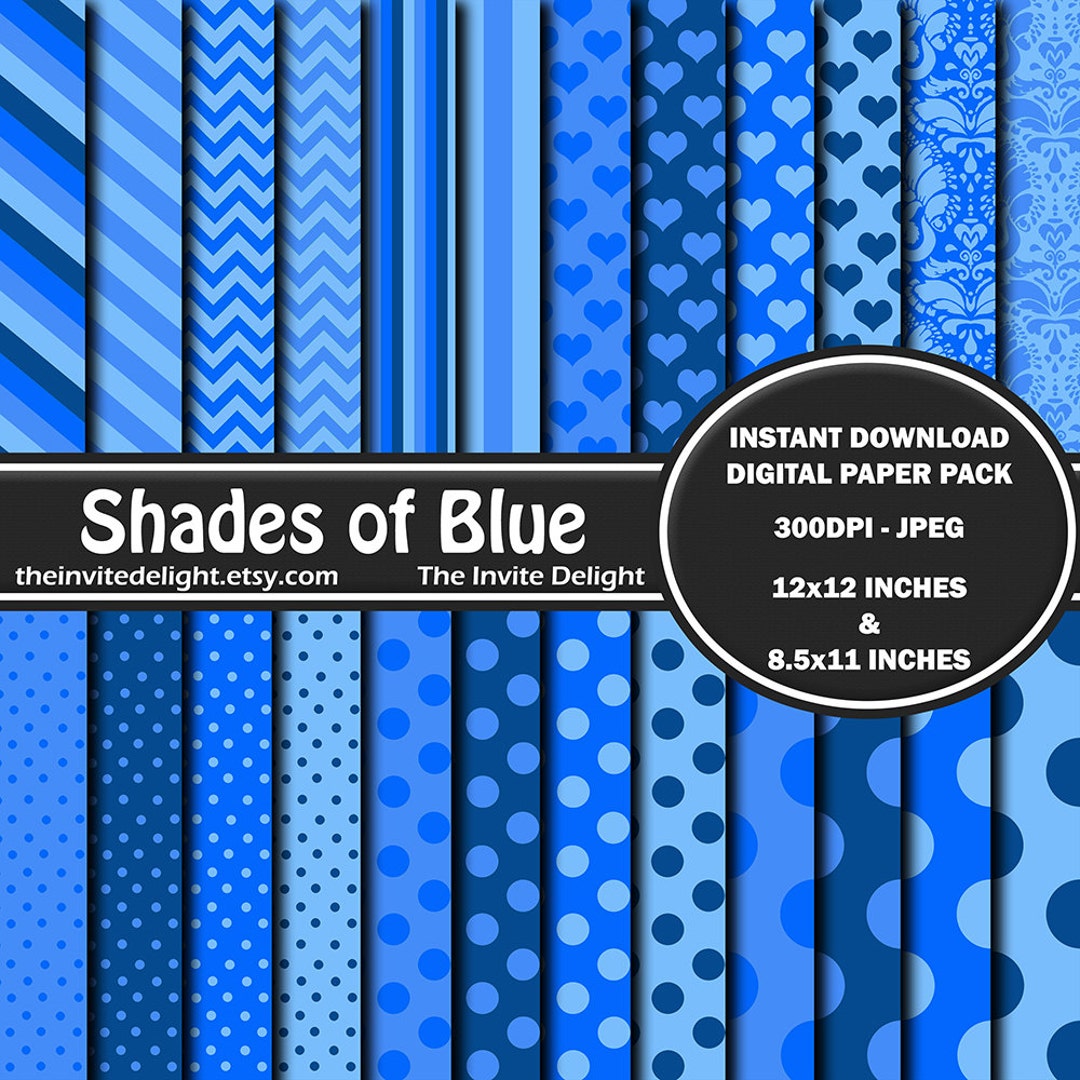 Shades of Blue Digital Paper Pack, Blue Polka Dots, Blue Striped ...