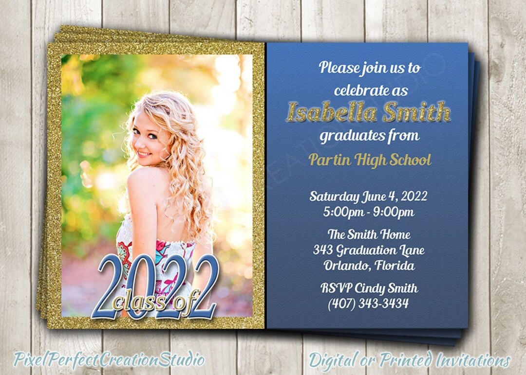 Graduation Invitation - 2022 Gold Glitter and Blue Graduation Party ...