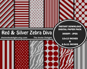 Red Zebra Diva Digital Paper Pack Red and White Polka Dots | Etsy