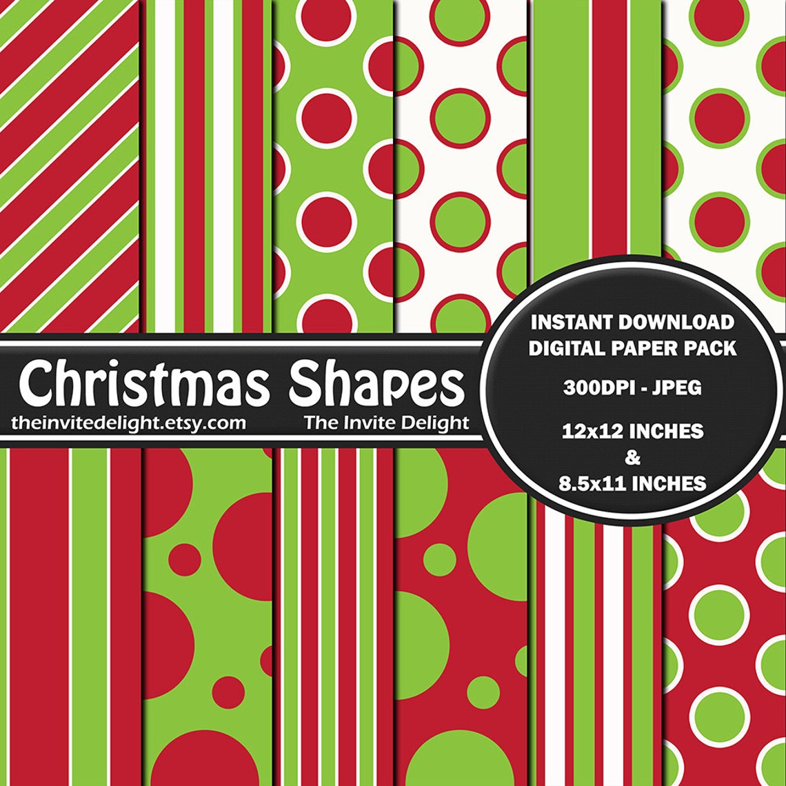 Christmas Shapes Digital Paper Pack, Red Green White Polka Dots ...