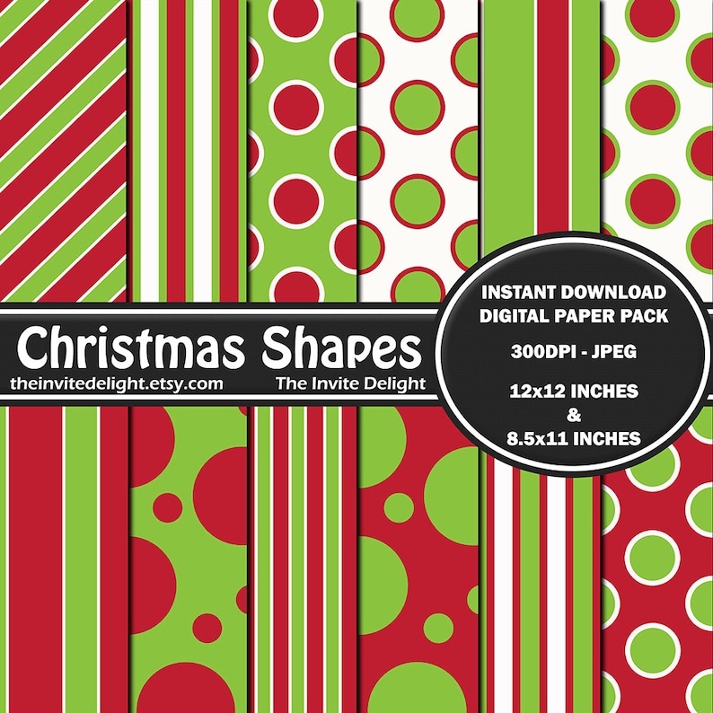 Christmas Shapes Digital Paper Pack, Red Green White Polka Dots ...