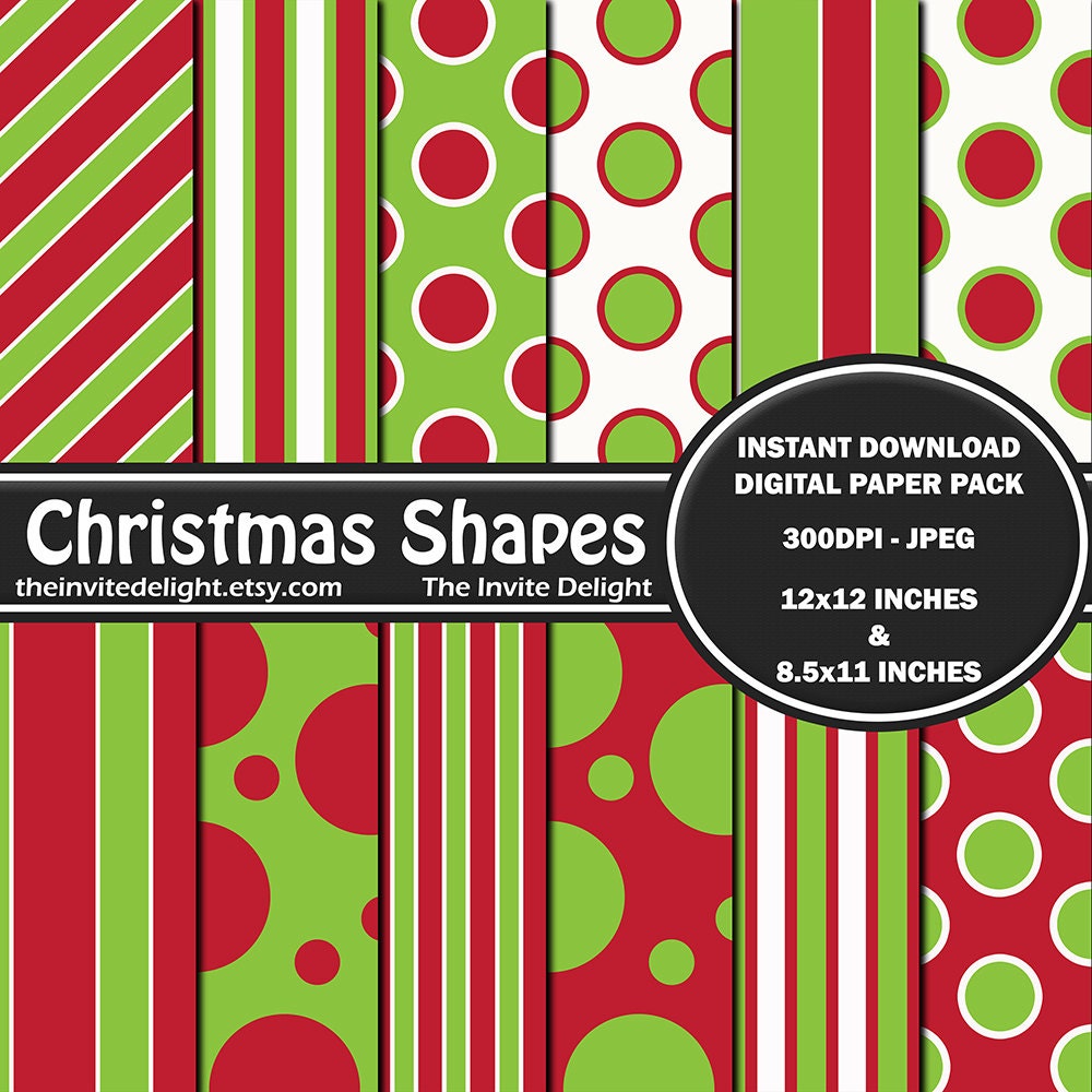 Christmas Shapes Digital Paper Pack, Red Green White Polka Dots ...